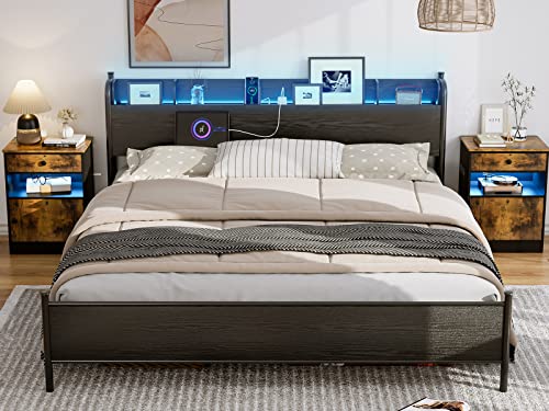 IKIFLY California King Bed Frame with Storage Shelf Headboard & Charging Station - Industrial Metal and Wood Cal King Platform Bed with LED Lights, No Noise, No Box Spring Needed - Black