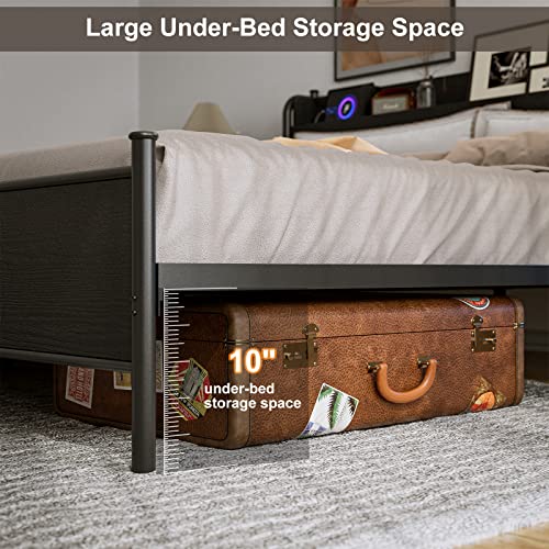 IKIFLY California King Bed Frame with Storage Shelf Headboard & Charging Station - Industrial Metal and Wood Cal King Platform Bed with LED Lights, No Noise, No Box Spring Needed - Black