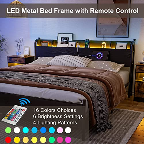 IKIFLY California King Bed Frame with Storage Shelf Headboard & Charging Station - Industrial Metal and Wood Cal King Platform Bed with LED Lights, No Noise, No Box Spring Needed - Black