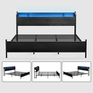 IKIFLY California King Bed Frame with Storage Shelf Headboard & Charging Station - Industrial Metal and Wood Cal King Platform Bed with LED Lights, No Noise, No Box Spring Needed - Black