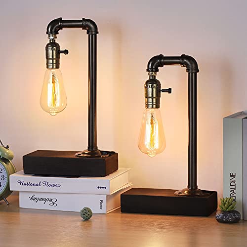 HAITRAL Retro Vintage Table Lamp- Industrial Loft Style Steam Punk Lamp with Wood Base Iron Piping Desk Lamp for Bedside, Living Room, Kitchen, Café, Pub, Dorm, Set of 2