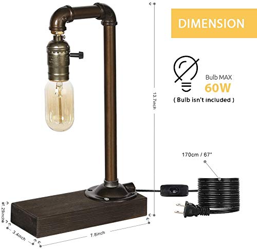 HAITRAL Retro Vintage Table Lamp- Industrial Loft Style Steam Punk Lamp with Wood Base Iron Piping Desk Lamp for Bedside, Living Room, Kitchen, Café, Pub, Dorm, Set of 2