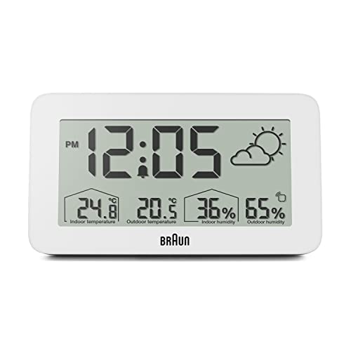 Braun Digital Weather Station Clock with Indoor and Outdoor Temperature and Humidity, Forecast, LCD Display, Quick-Set, Crescendo beep Alarm in White, Model BC13WP.