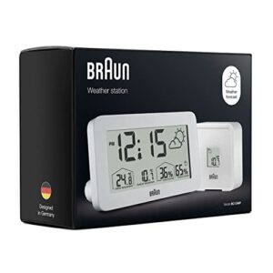 Braun Digital Weather Station Clock with Indoor and Outdoor Temperature and Humidity, Forecast, LCD Display, Quick-Set, Crescendo beep Alarm in White, Model BC13WP.