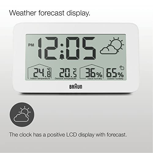 Braun Digital Weather Station Clock with Indoor and Outdoor Temperature and Humidity, Forecast, LCD Display, Quick-Set, Crescendo beep Alarm in White, Model BC13WP.