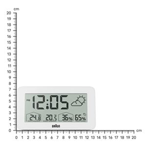 Braun Digital Weather Station Clock with Indoor and Outdoor Temperature and Humidity, Forecast, LCD Display, Quick-Set, Crescendo beep Alarm in White, Model BC13WP.