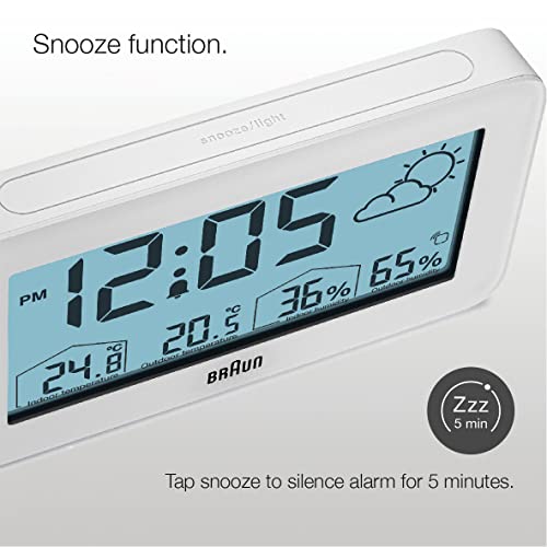 Braun Digital Weather Station Clock with Indoor and Outdoor Temperature and Humidity, Forecast, LCD Display, Quick-Set, Crescendo beep Alarm in White, Model BC13WP.