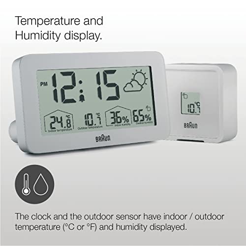 Braun Digital Weather Station Clock with Indoor and Outdoor Temperature and Humidity, Forecast, LCD Display, Quick-Set, Crescendo beep Alarm in White, Model BC13WP.