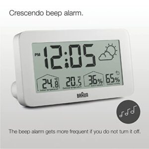 Braun Digital Weather Station Clock with Indoor and Outdoor Temperature and Humidity, Forecast, LCD Display, Quick-Set, Crescendo beep Alarm in White, Model BC13WP.