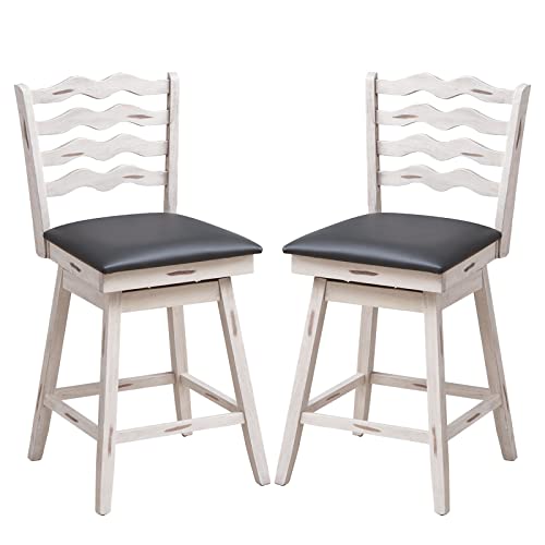 COSTWAY Bar Stools Set of 2, 25” 360° Swivel Counter Height Chairs with Rubber Wood Frame, Cushioned Seat, Ergonomic Backrest & Footrest, Wooden Upholstered Barstools for Kitchen Island (2, 25”)