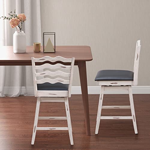 COSTWAY Bar Stools Set of 2, 25” 360° Swivel Counter Height Chairs with Rubber Wood Frame, Cushioned Seat, Ergonomic Backrest & Footrest, Wooden Upholstered Barstools for Kitchen Island (2, 25”)