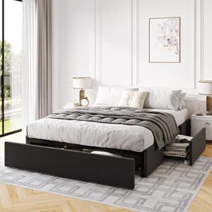 imusee full bed frame with storage, 3 large drawers on wheels, fabric upholstered platform bed, no box spring needed, wood slats support, easy assembly, dark grey