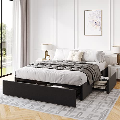 IMUsee Full Bed Frame with Storage, 3 Large Drawers on Wheels, Fabric Upholstered Platform Bed, No Box Spring Needed, Wood Slats Support, Easy Assembly, Dark Grey