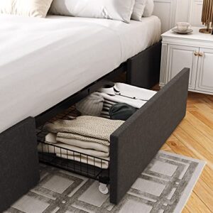 IMUsee Full Bed Frame with Storage, 3 Large Drawers on Wheels, Fabric Upholstered Platform Bed, No Box Spring Needed, Wood Slats Support, Easy Assembly, Dark Grey