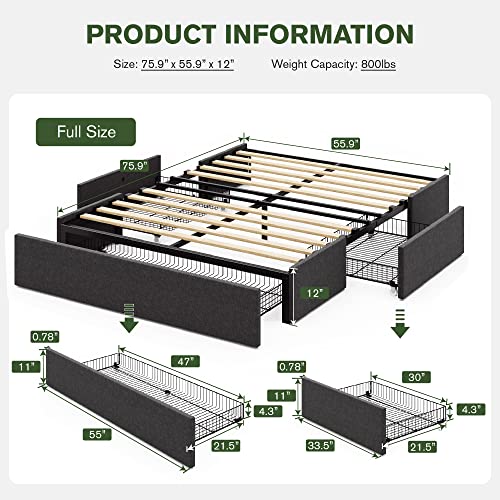 IMUsee Full Bed Frame with Storage, 3 Large Drawers on Wheels, Fabric Upholstered Platform Bed, No Box Spring Needed, Wood Slats Support, Easy Assembly, Dark Grey