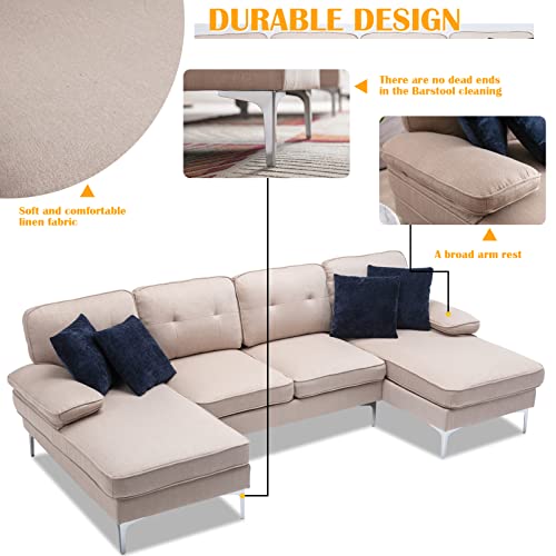 Zugoni Sectional Sofa U Shaped Sectional Couch, Large Sectional Couches with Tufted for Living Room, Comfy Soft Chaise Sectional Sofas, Modern Linen Sectionals with 4 Free Throw Pillows, Beige