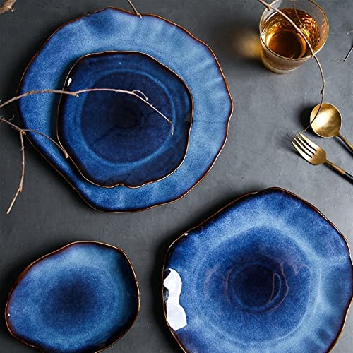 KOWMcp Dinner Plates Deep Blue Ceramic Plates Irregular Flat Plate Pottery Dish Household Decoration Tableware Dinnerware Tray Hotel Kitchen Supplies