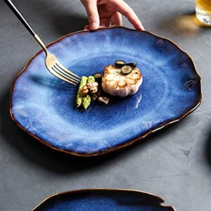 KOWMcp Dinner Plates Deep Blue Ceramic Plates Irregular Flat Plate Pottery Dish Household Decoration Tableware Dinnerware Tray Hotel Kitchen Supplies