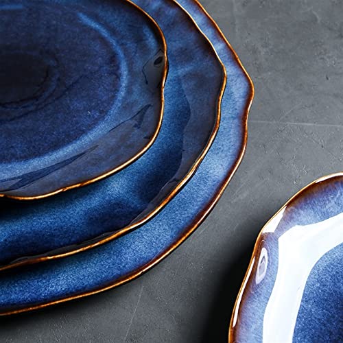 KOWMcp Dinner Plates Deep Blue Ceramic Plates Irregular Flat Plate Pottery Dish Household Decoration Tableware Dinnerware Tray Hotel Kitchen Supplies