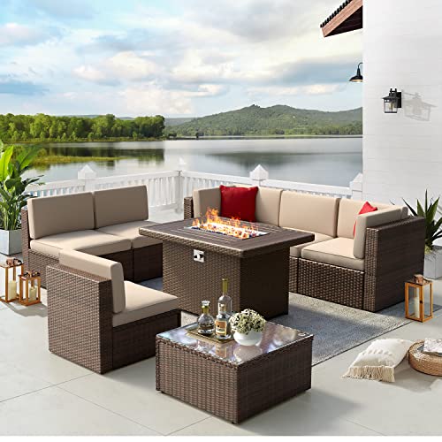 Aoxun 8PCS Patio Furniture Set with 44" Fire Pit Table Outdoor Sectional Sofa Set Wicker Furniture Set with Coffee Table, Brown Wicker