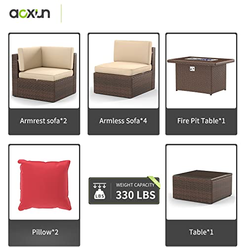 Aoxun 8PCS Patio Furniture Set with 44" Fire Pit Table Outdoor Sectional Sofa Set Wicker Furniture Set with Coffee Table, Brown Wicker