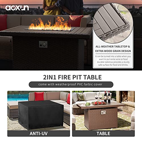 Aoxun 8PCS Patio Furniture Set with 44" Fire Pit Table Outdoor Sectional Sofa Set Wicker Furniture Set with Coffee Table, Brown Wicker