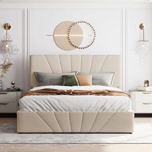 Harper & Bright Designs Queen Bed with Storage Underneath, Upholstered Platform Bed with Lift Up Storage and Tufted Headboard, Wooden Bed Frame for Teens Adults (Queen Size, Beige)