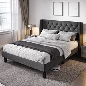 allewie queen size platform bed frame with button tufted wingback headboard, modern upholstered bed frame with strong solid wood slats support, no box spring needed/noise-free/easy assembly/dark grey