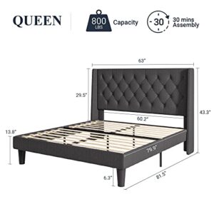 Allewie Queen Size Platform Bed Frame with Button Tufted Wingback Headboard, Modern Upholstered Bed Frame with Strong Solid Wood Slats Support, No Box Spring Needed/Noise-Free/Easy Assembly/Dark Grey