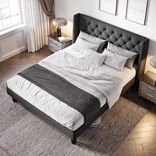 Allewie Queen Size Platform Bed Frame with Button Tufted Wingback Headboard, Modern Upholstered Bed Frame with Strong Solid Wood Slats Support, No Box Spring Needed/Noise-Free/Easy Assembly/Dark Grey