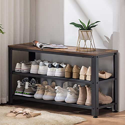 APICIZON Shoe Bench, 3-Tier 35.5 Inches Shoe Rack for Entryway with Long Seat and Metal Shelves for Garage, Industrial Steel Storage Bench for Living Room, Bedroom, Mudroom, Rustic Brown