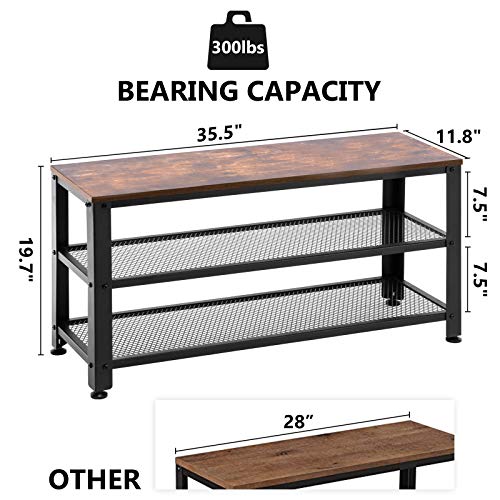 APICIZON Shoe Bench, 3-Tier 35.5 Inches Shoe Rack for Entryway with Long Seat and Metal Shelves for Garage, Industrial Steel Storage Bench for Living Room, Bedroom, Mudroom, Rustic Brown