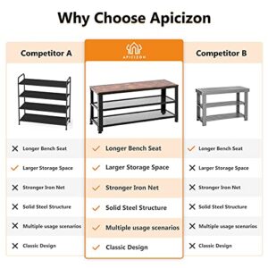 APICIZON Shoe Bench, 3-Tier 35.5 Inches Shoe Rack for Entryway with Long Seat and Metal Shelves for Garage, Industrial Steel Storage Bench for Living Room, Bedroom, Mudroom, Rustic Brown