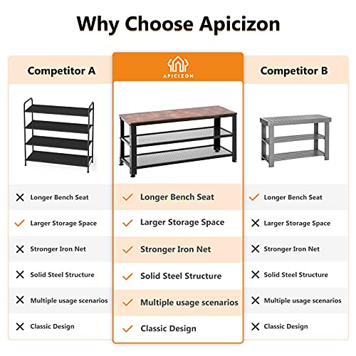 APICIZON Shoe Bench, 3-Tier 35.5 Inches Shoe Rack for Entryway with Long Seat and Metal Shelves for Garage, Industrial Steel Storage Bench for Living Room, Bedroom, Mudroom, Rustic Brown