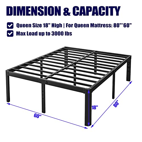 Hunlostten 18in High Queen Bed Frame No Box Spring Needed, Heavy Duty Metal Platform Bed Frame Queen Size with Round Corners, Easy Assembly, Noise Free, Black