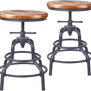 Diwhy Industrial Vintage Bar Stool,Kitchen Counter Height Adjustable Screw Stool ,Swivel Bar Stool,Metal Wood Stool,27 Inch,Fully Welded Set of 2 (Wooden Top)