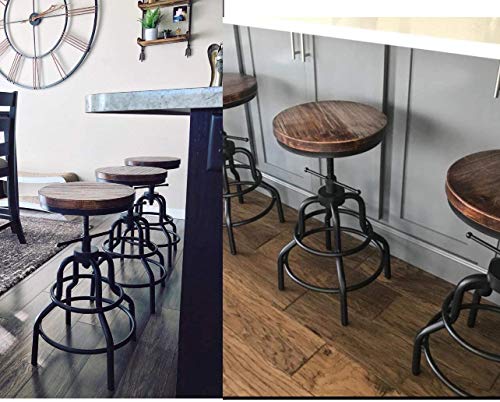 Diwhy Industrial Vintage Bar Stool,Kitchen Counter Height Adjustable Screw Stool ,Swivel Bar Stool,Metal Wood Stool,27 Inch,Fully Welded Set of 2 (Wooden Top)