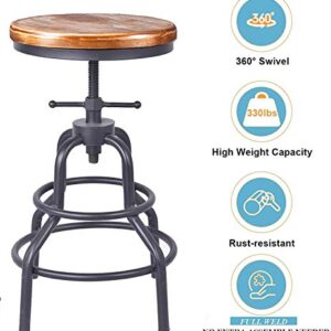 Diwhy Industrial Vintage Bar Stool,Kitchen Counter Height Adjustable Screw Stool ,Swivel Bar Stool,Metal Wood Stool,27 Inch,Fully Welded Set of 2 (Wooden Top)