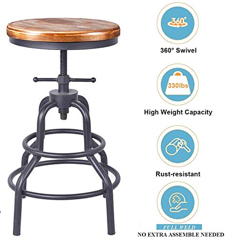 Diwhy Industrial Vintage Bar Stool,Kitchen Counter Height Adjustable Screw Stool ,Swivel Bar Stool,Metal Wood Stool,27 Inch,Fully Welded Set of 2 (Wooden Top)