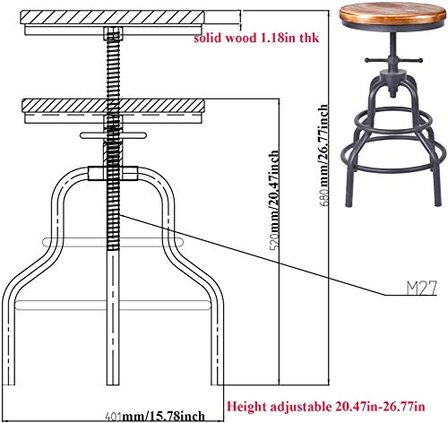 Diwhy Industrial Vintage Bar Stool,Kitchen Counter Height Adjustable Screw Stool ,Swivel Bar Stool,Metal Wood Stool,27 Inch,Fully Welded Set of 2 (Wooden Top)