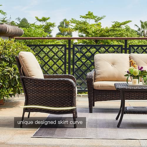 Rilyson Patio Conversation Set, 4 Piece Outdoor Patio PE Rattan Wicker Sofa Furniture Set, Deep Seating Couch Chairs and Coffee Table for Backyard Porch Lawn Garden