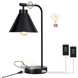 industrial black bedroom table lamp, dimmable touch control bedside lamp with 2 usb charging ports and ac outlet, nightstand reading lamp with metal flexible head for living room office, bulb included