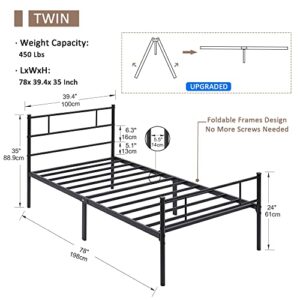 VECELO Twin Size Platform Bed Frame with Headboard and Footboard, 12'' Under-Bed Storage & Strong Metal Slats Support, No Box Spring Needed