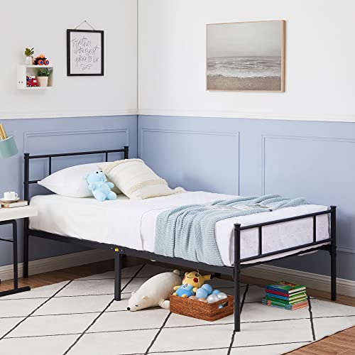 VECELO Twin Size Platform Bed Frame with Headboard and Footboard, 12'' Under-Bed Storage & Strong Metal Slats Support, No Box Spring Needed