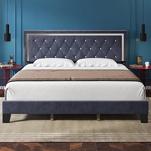 HITHOS King Bed Frame, Upholstered Platform Bed Frame with Modern Adjustable Headboard, Diamond Tufted Mattress Foundation with Wooden Slat Support, No Box Spring Needed, Easy Assembly (King, Gray)