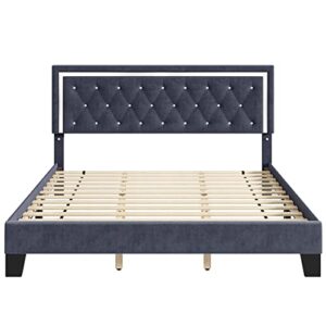 HITHOS King Bed Frame, Upholstered Platform Bed Frame with Modern Adjustable Headboard, Diamond Tufted Mattress Foundation with Wooden Slat Support, No Box Spring Needed, Easy Assembly (King, Gray)