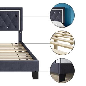 HITHOS King Bed Frame, Upholstered Platform Bed Frame with Modern Adjustable Headboard, Diamond Tufted Mattress Foundation with Wooden Slat Support, No Box Spring Needed, Easy Assembly (King, Gray)