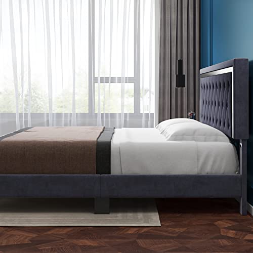 HITHOS King Bed Frame, Upholstered Platform Bed Frame with Modern Adjustable Headboard, Diamond Tufted Mattress Foundation with Wooden Slat Support, No Box Spring Needed, Easy Assembly (King, Gray)