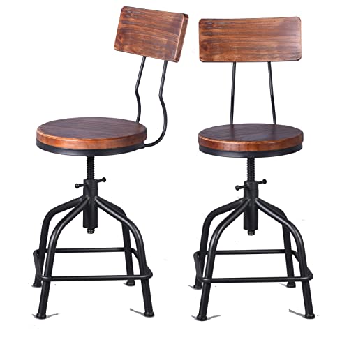 Topower Farmhouse Kitchen Stool, Industrial Counter Stool, Kitchen Deco Round Seat Standard Height Adjustable Swivel Bar Stools with Backrest Indoor House Design Wood Backrest Black Set of 2