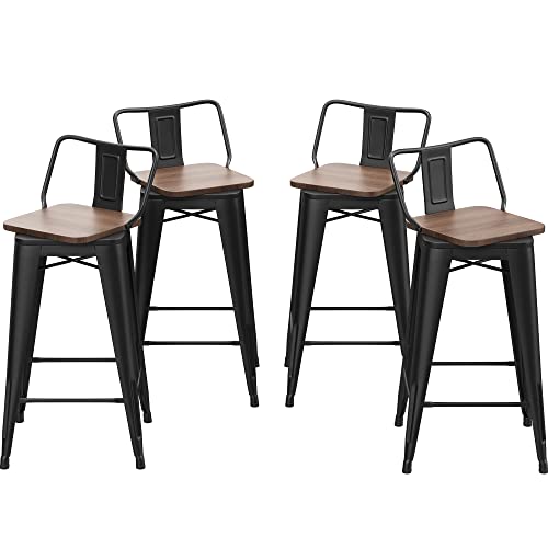 Changjie Furniture Swivel Metal Bar Stools Kitchen Counter Height Stools Industrial Barstools Set of 4 (Swivel 26 inch,Matte Black Wooden)